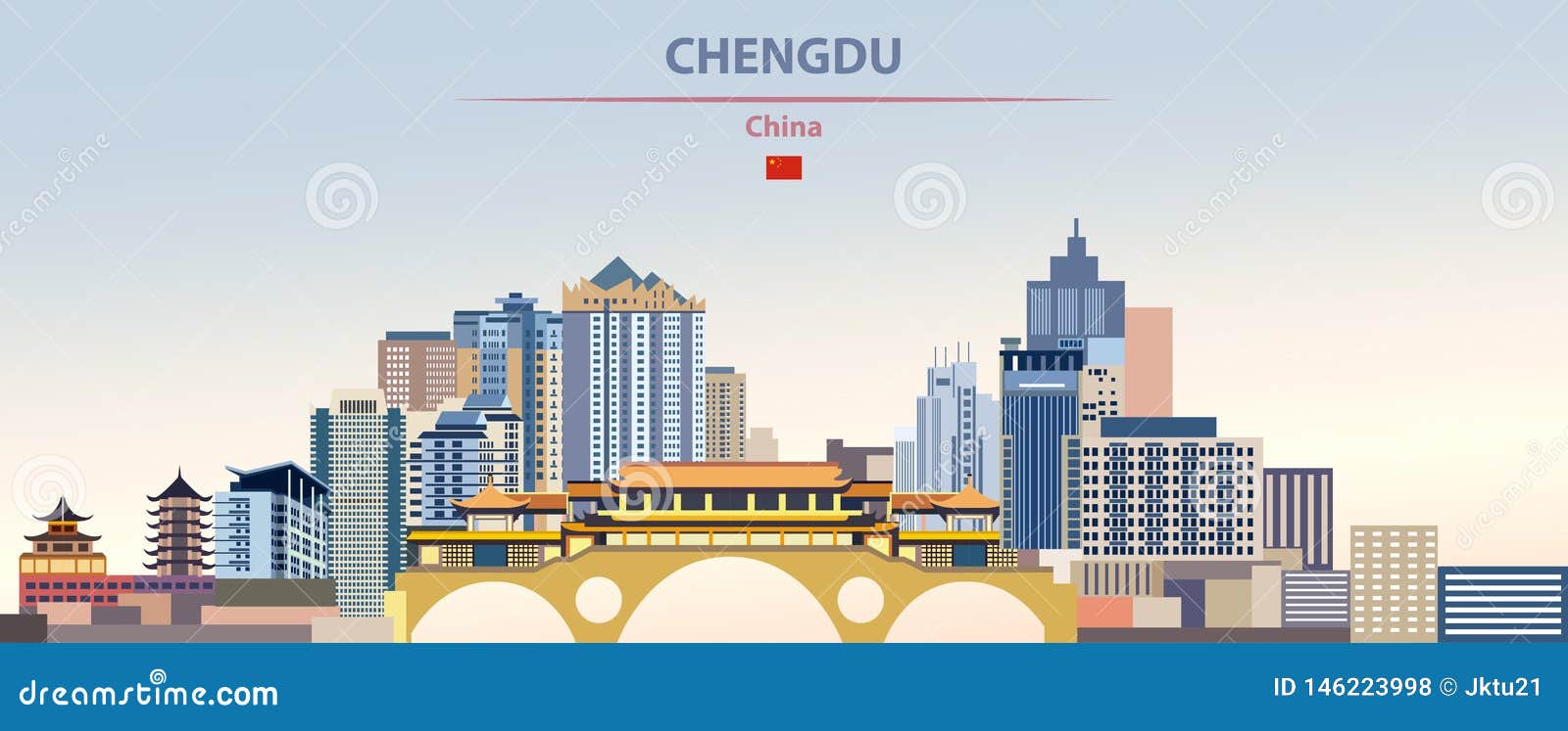 Vector Illustration of Chengdu City Skyline on Colorful Gradient ...