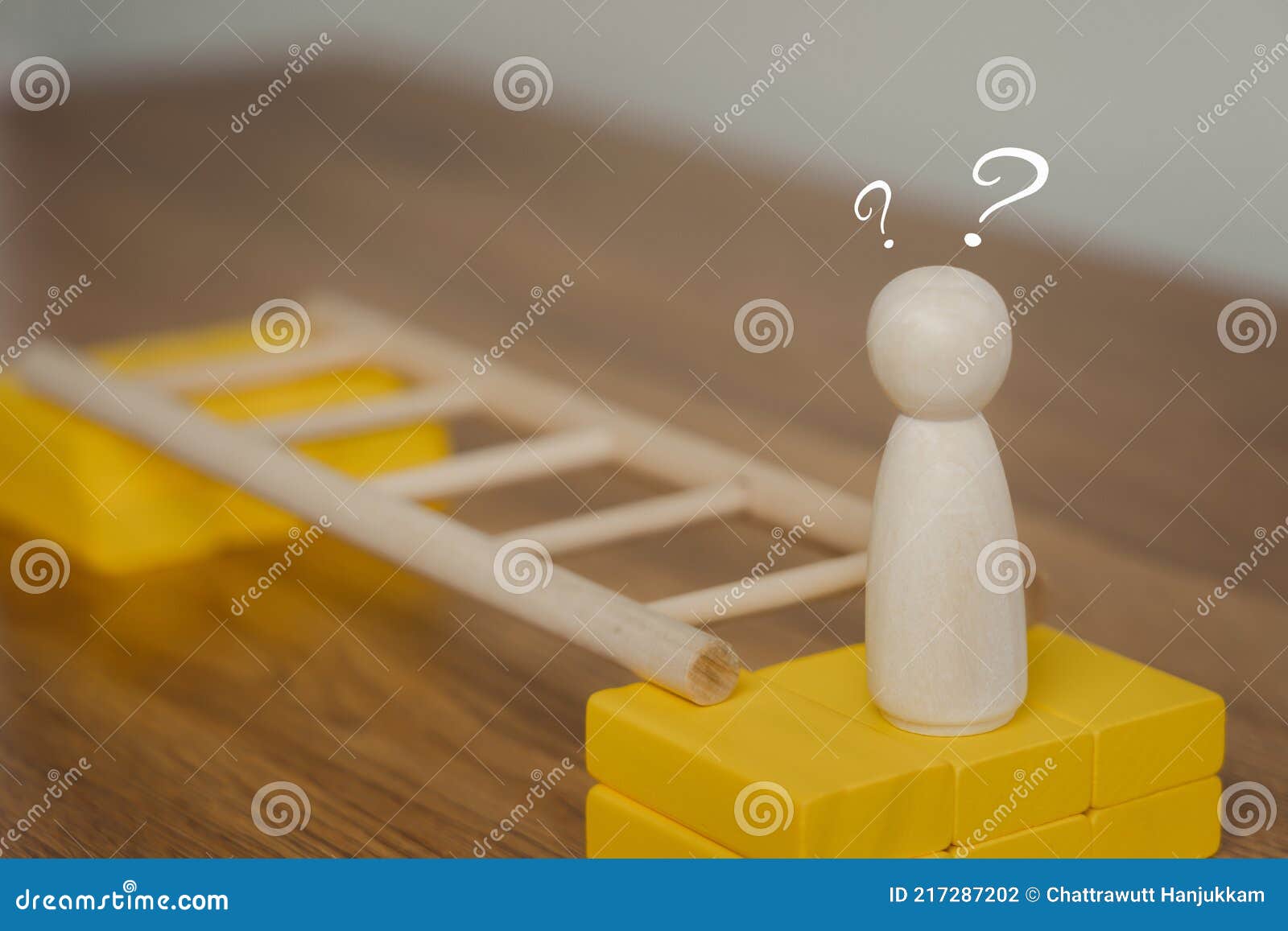 Symbol Business People Model Stand on Wooden Wall between Ladder with ...