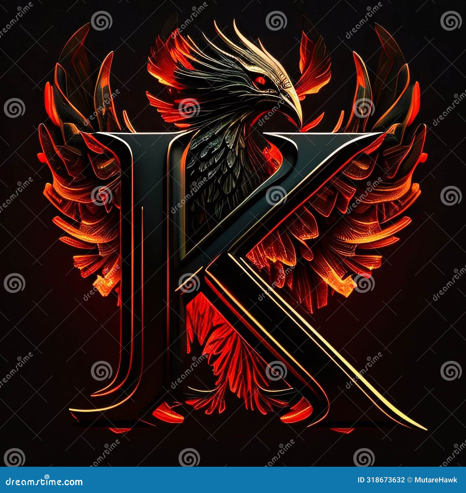 Symbol of K with Abstract Wings on Black Background. 3D Rendering Stock ...