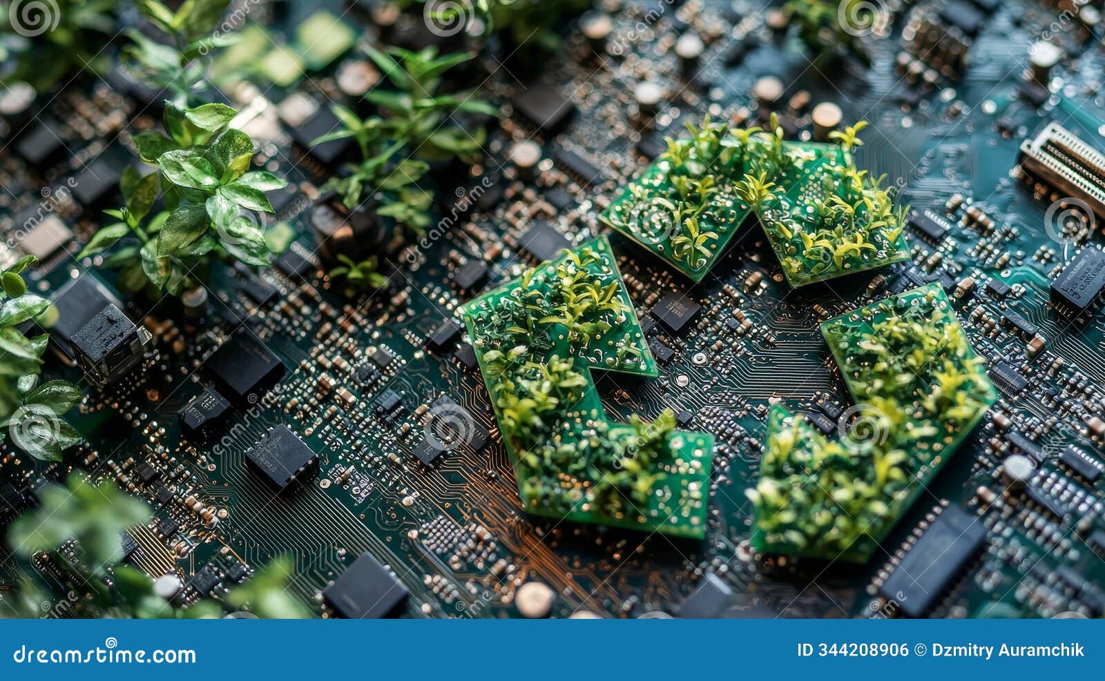 Symbol of Recycling on Circuit Board with Green Plants Stock Photo ...