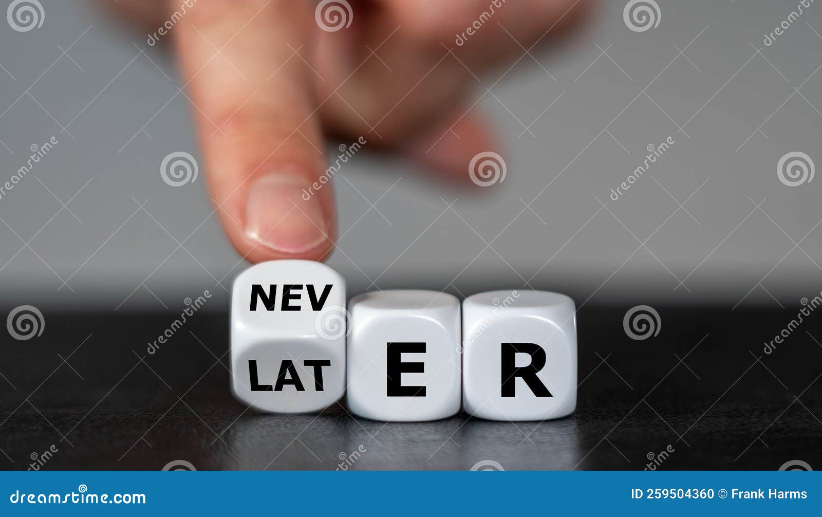 Symbol for the Slogan `sometimes Later Becomes Never`. Hand Turns Dice ...