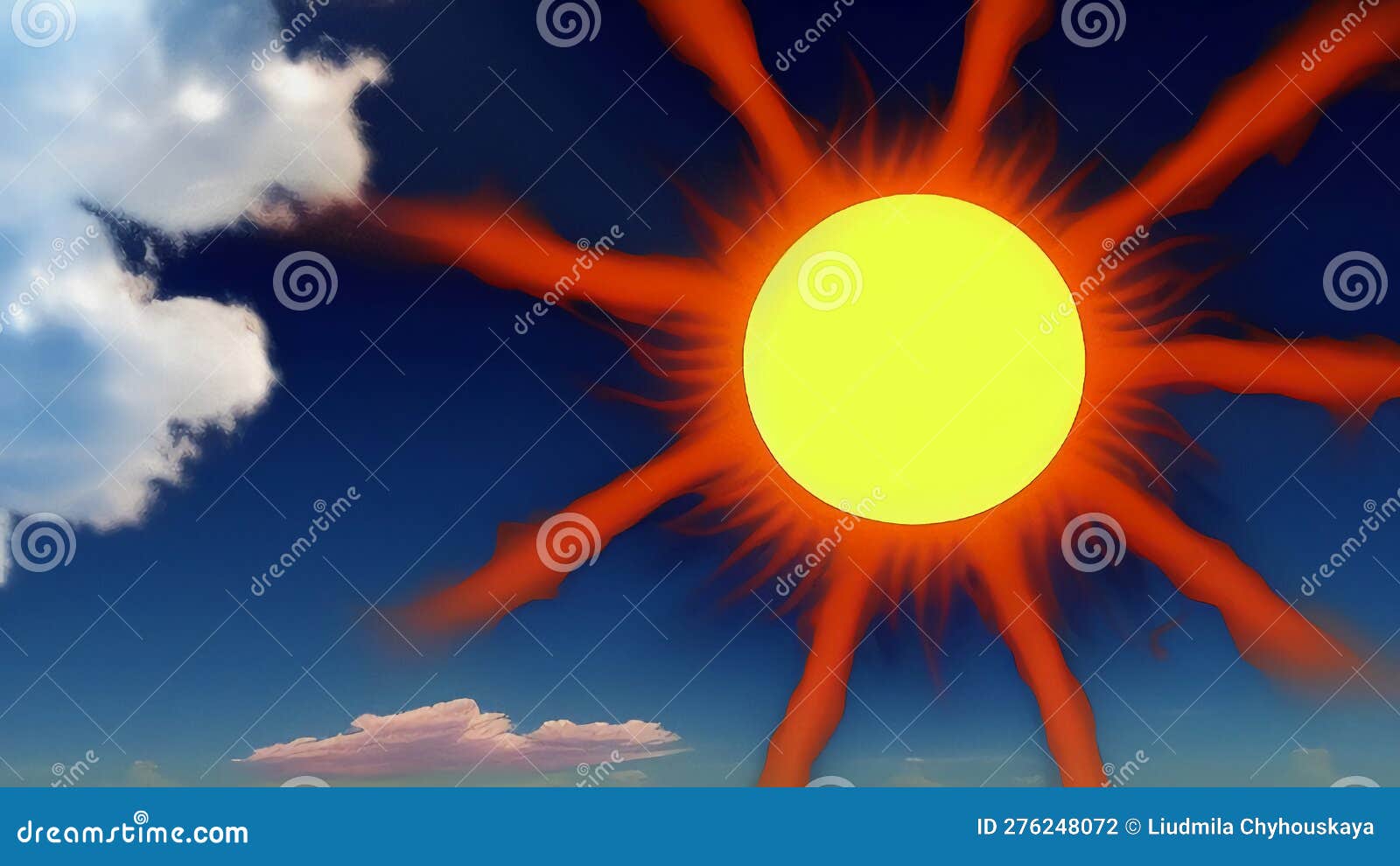 The Symbol of the Sun. Drawing of the Sun with Rays on a Blue Sky ...