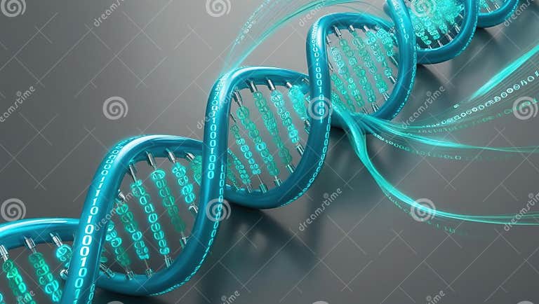 Symbolic Digital DNA Strand Glowing with Flowing Binary Code ...