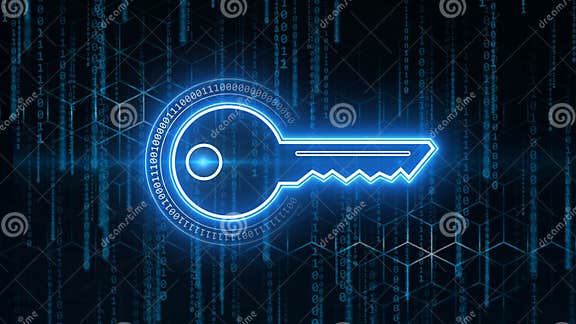 Symbolic Digital Key on Graphic Cube Pattern Background with Falling Binary Code Tapes ...