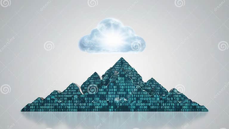 Symbolic Glowing Cloud Above Digital Mountain of Binary Code Streams ...