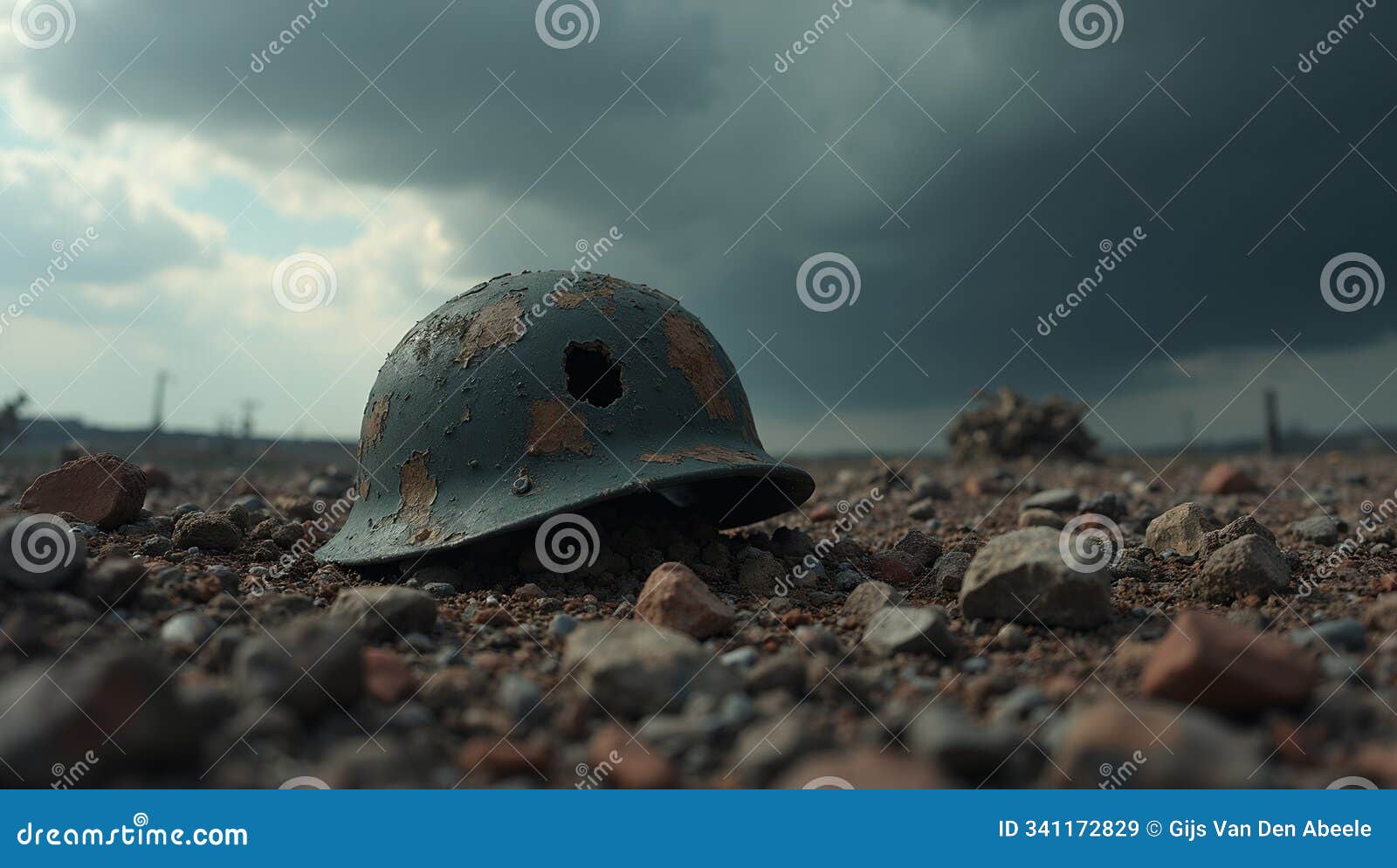 Symbolic Image of Broken Helmet on Rubble Under Storm Clouds Stock ...