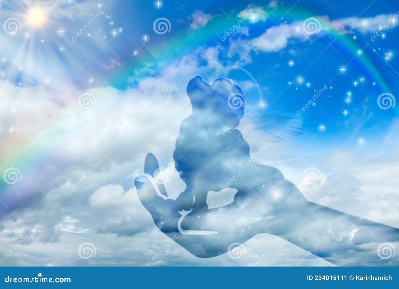 Symbolic Image Dog Angel Sitting on a Protective Hand in Heaven Stock ...