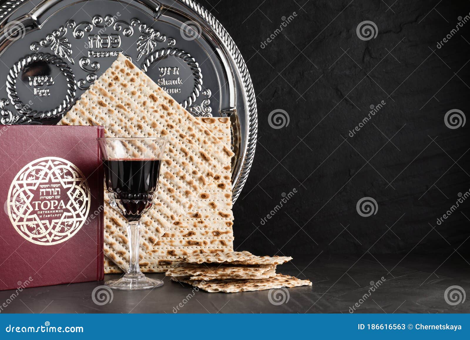Symbolic Pesach Passover Seder Items on Table, Space for Text Stock ...