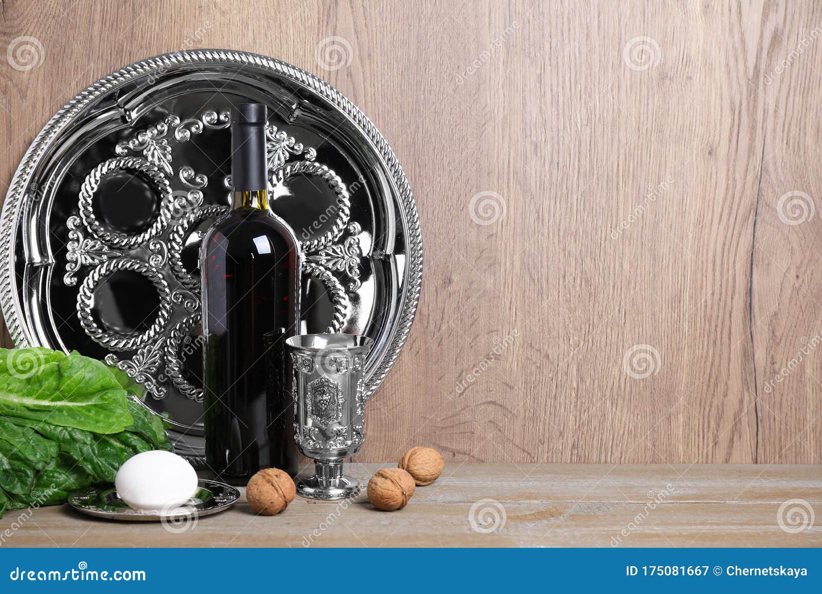 Symbolic Pesach Passover Seder Items on Wooden Table, Space for Text ...