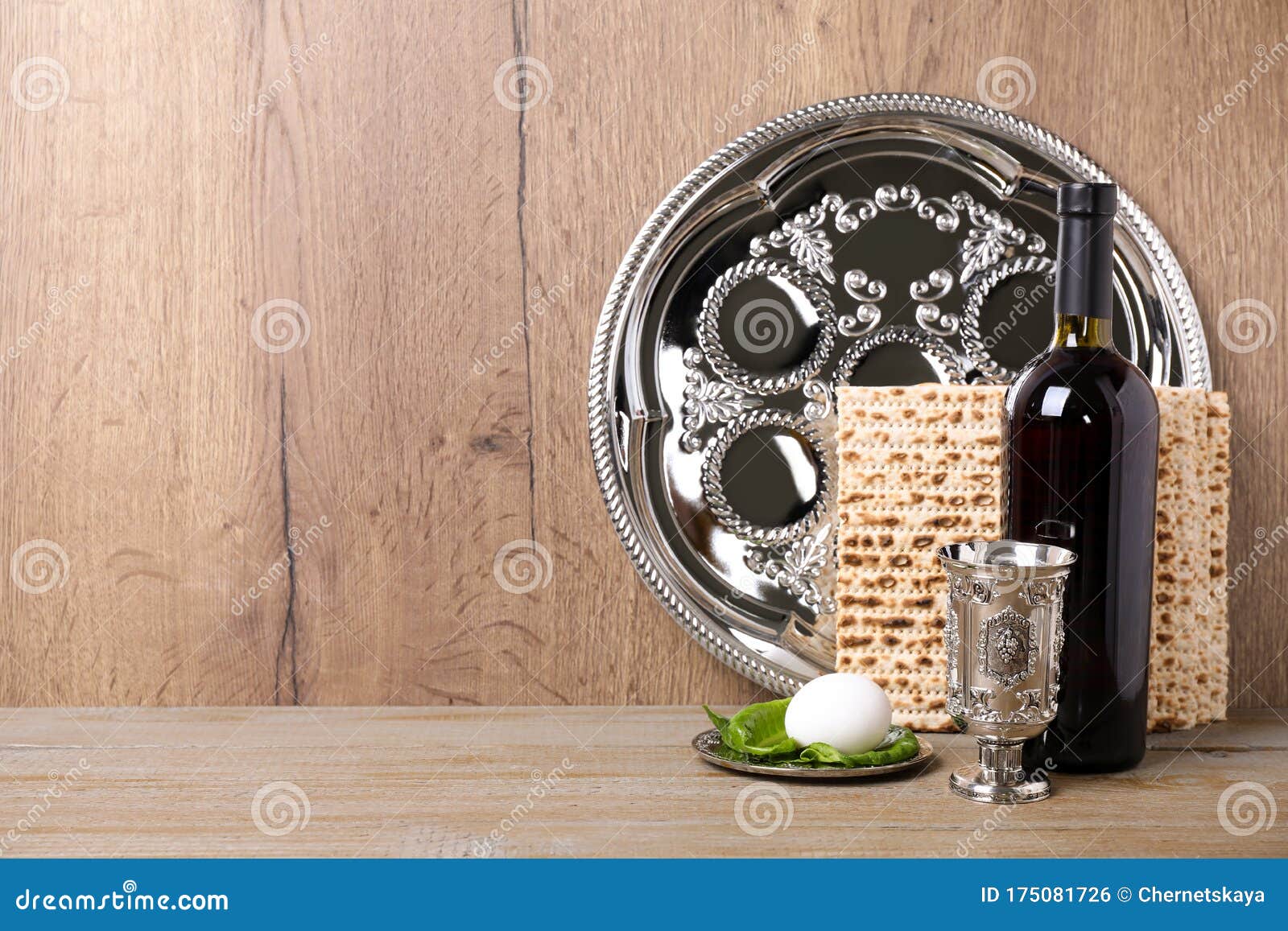 Symbolic Pesach Passover Seder Items on Wooden Table, Space for Text ...