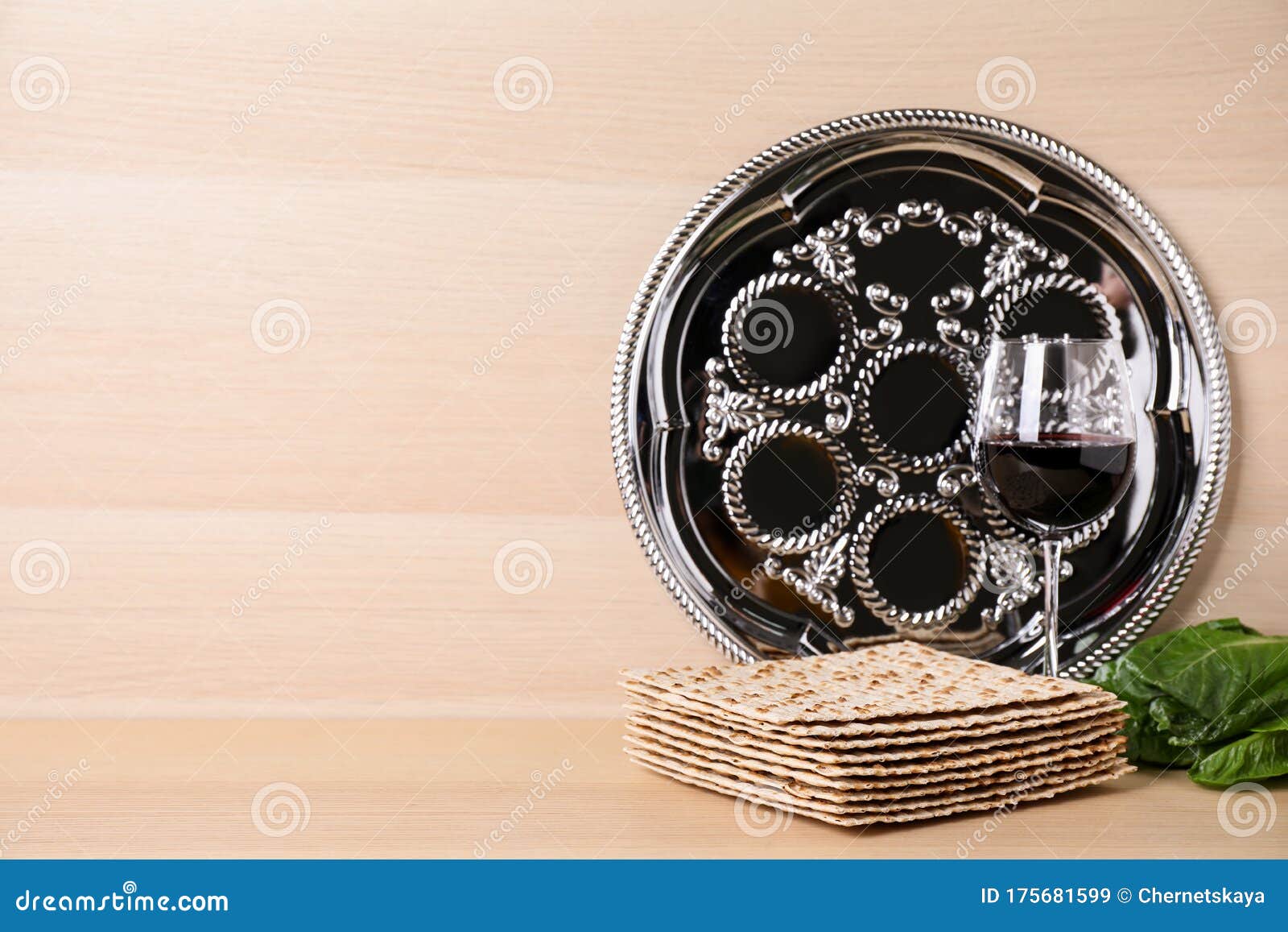 Symbolic Pesach Passover Seder Items on Table, Space for Text Stock ...