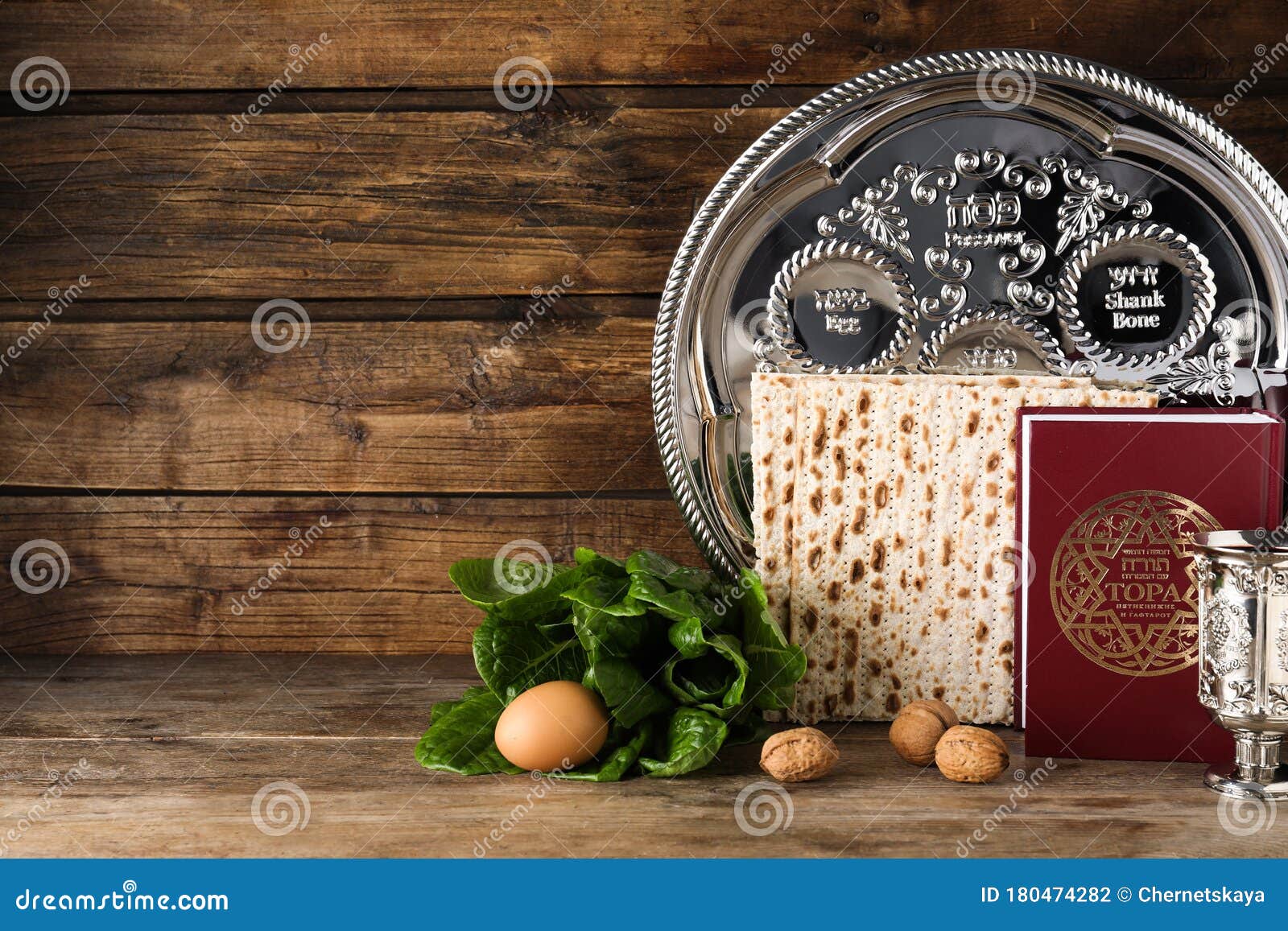 Symbolic Pesach Passover Seder Items on Table, Space for Text Stock ...