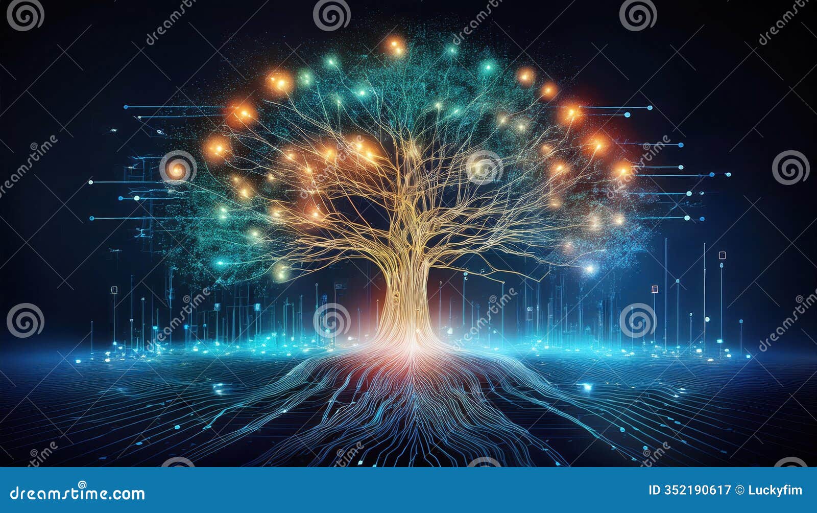 Symbolic Tree with Glowing Data Points Branching into Charts, Graphs ...