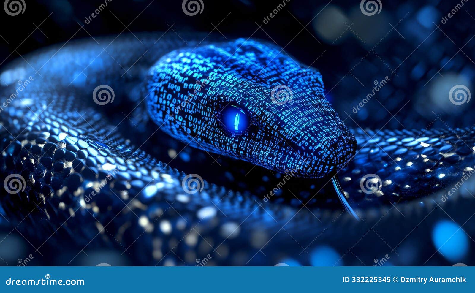 Symbolizing Python Programming and Data Manipulation, this Digital Snake is Surrounded by Binary ...