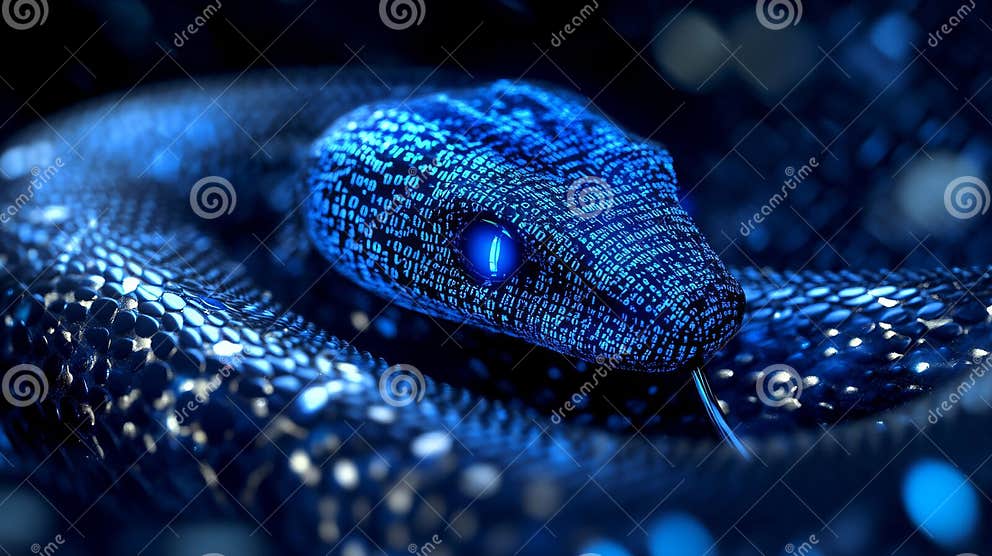 Symbolizing Python Programming and Data Manipulation, this Digital Snake is Surrounded by Binary ...