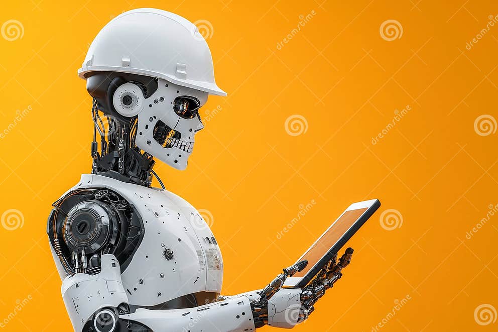 Symbolizing Robotics in Construction, a Robot in a White Hard Hat Holds ...