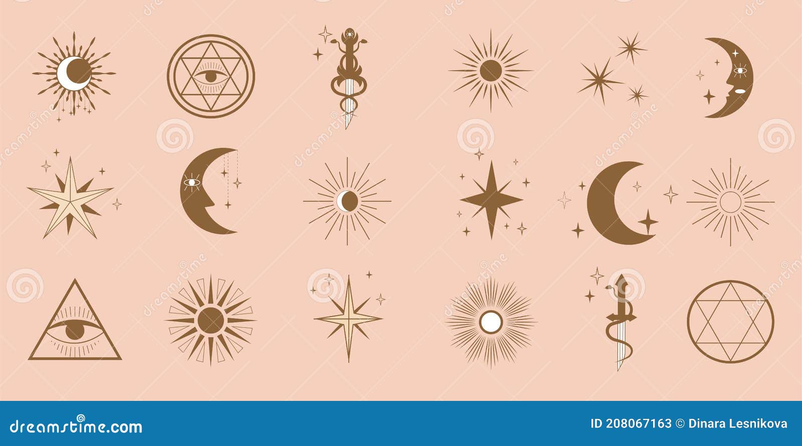 Set of Linear Symbols and Icons - Stars Moon Sun Dagger Snake. Stock ...