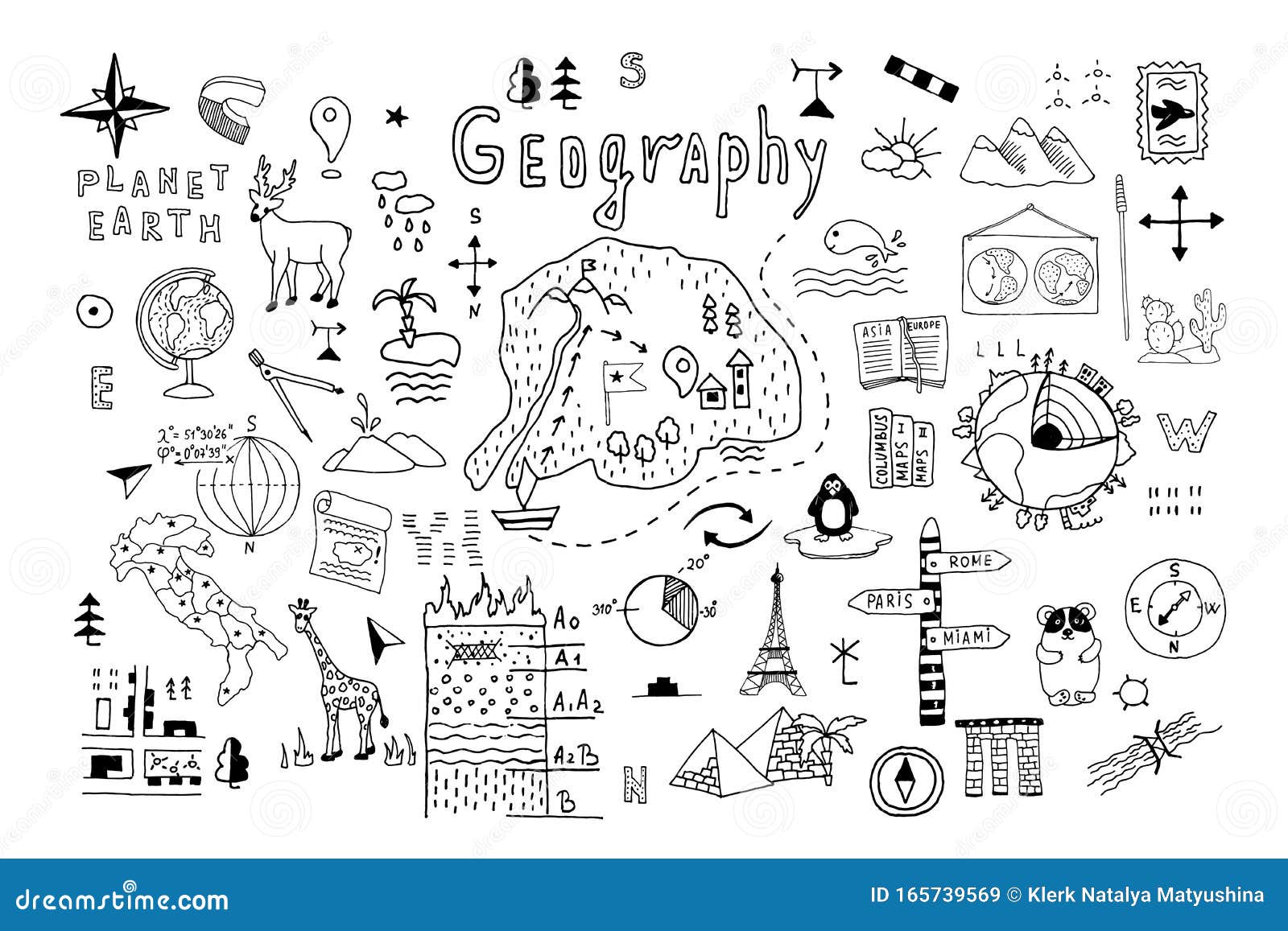 Symbols And Drawings For A School Geography Lesson, Set On A White ... Symbols And Drawings For A School Geography Lesson, Set On A White ...