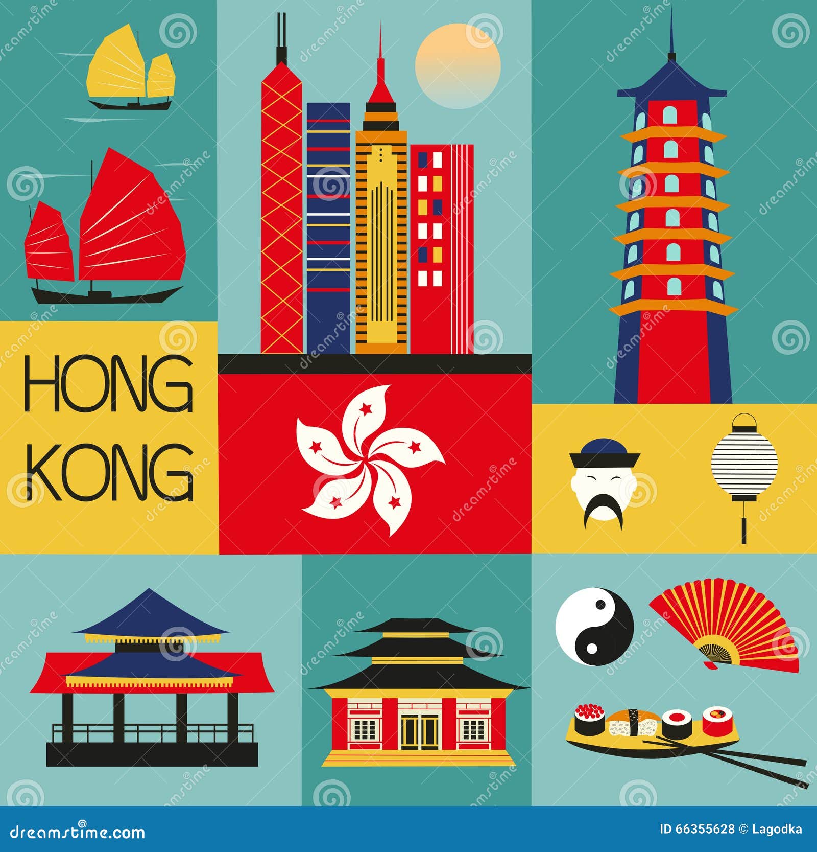Symbols of Hongkong. stock vector. Illustration of building - 66355628