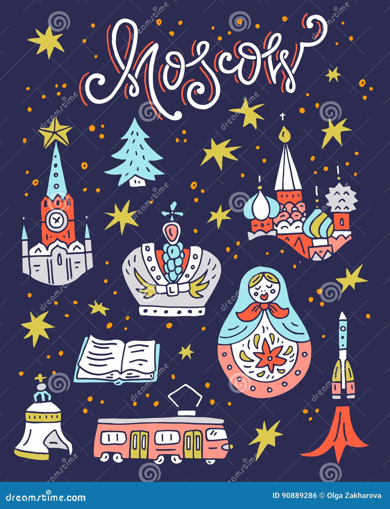 Symbols of Moscow stock vector. Illustration of matryoshka - 90889286