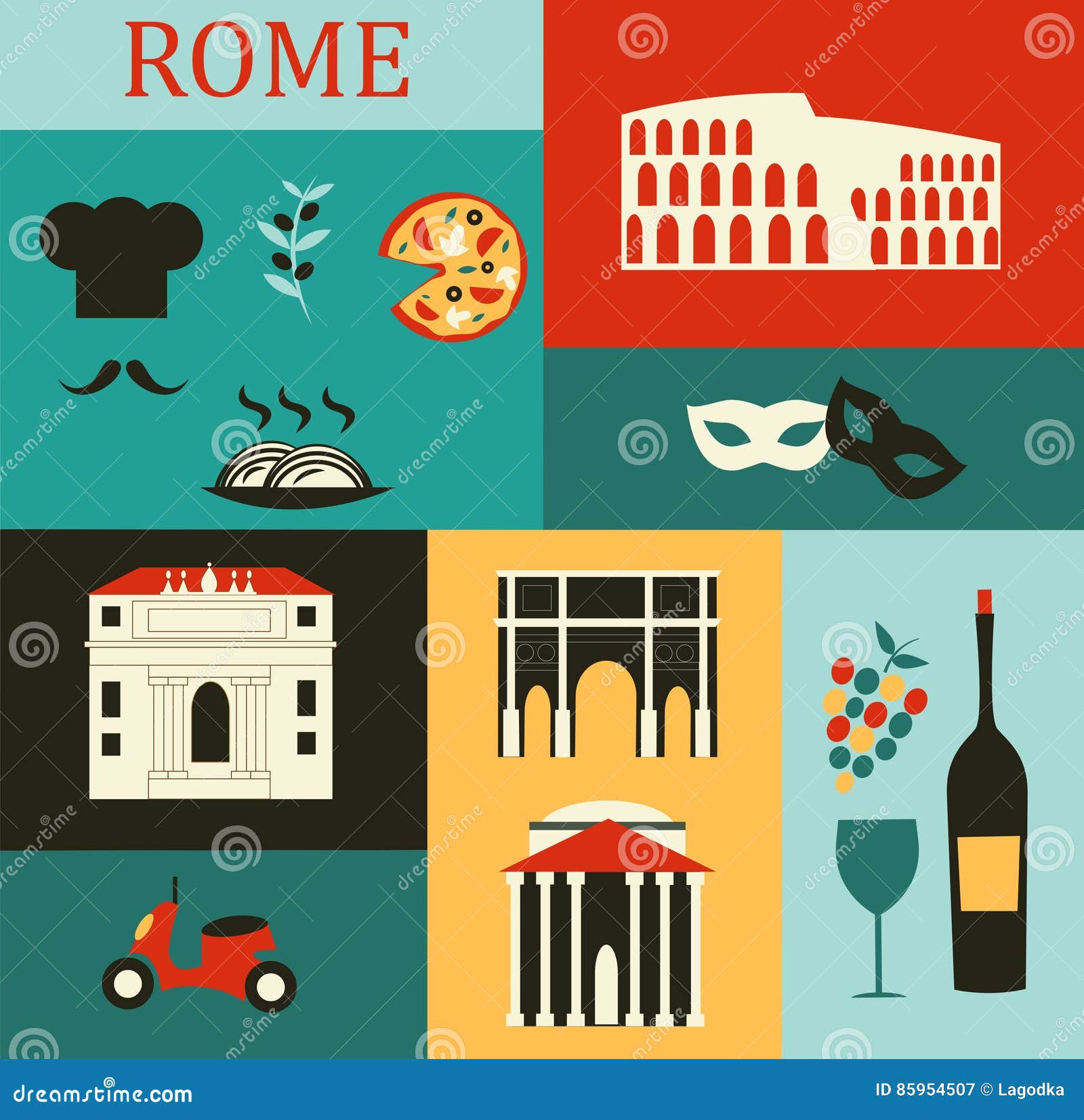 Symbols of Rome stock vector. Illustration of food, italy - 85954507