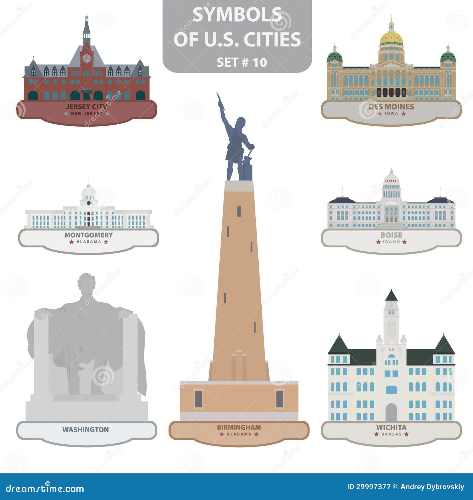 Symbols of US cities stock vector. Illustration of america - 29997377