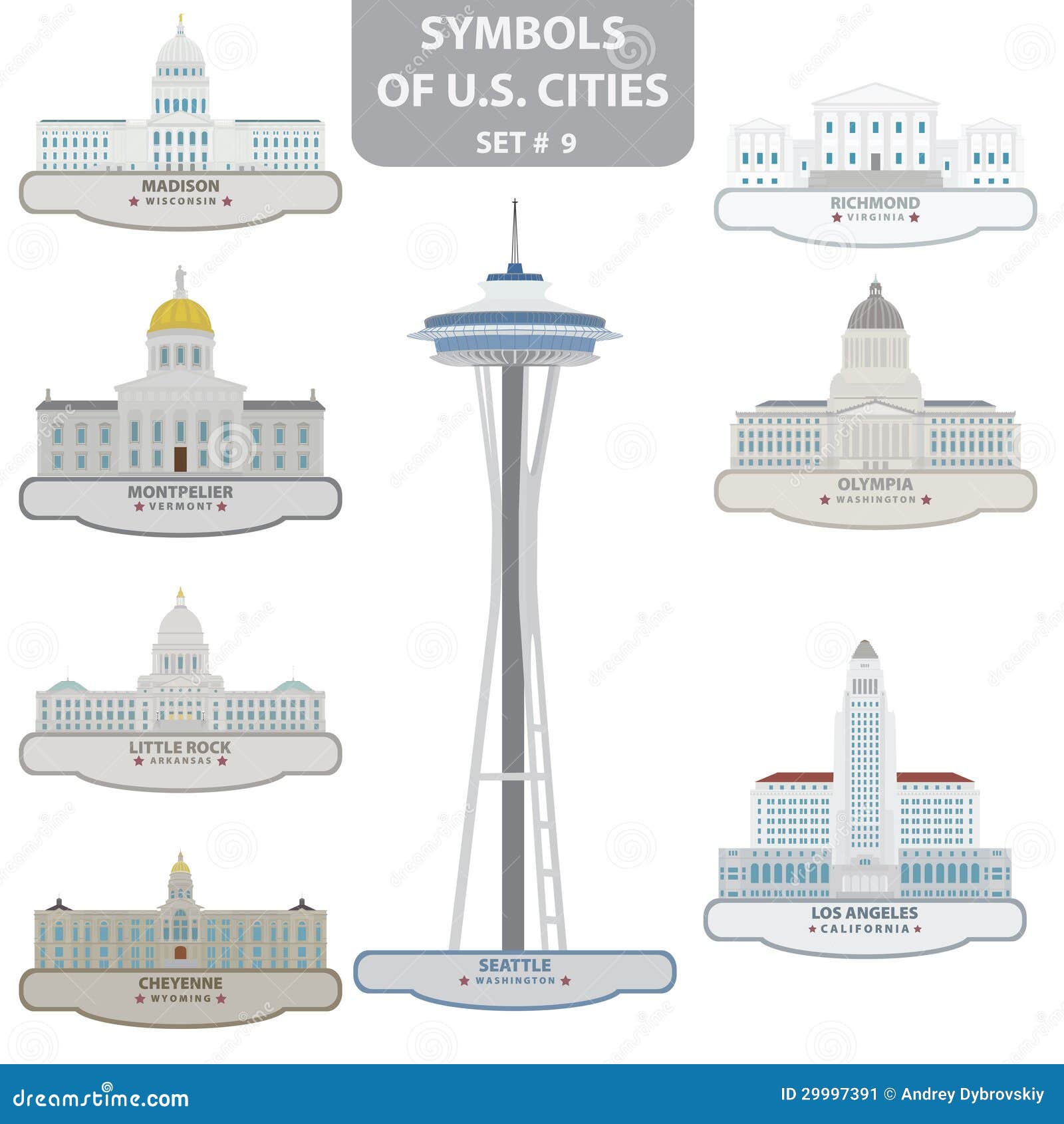 Symbols of US cities stock vector. Illustration of silhouette - 29997391