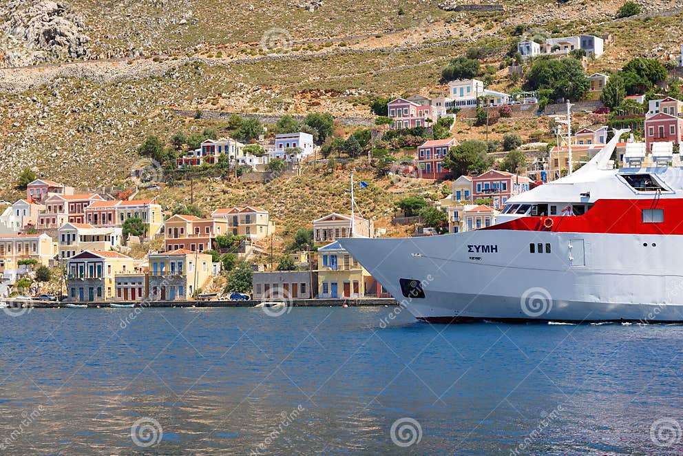 Ferry Boat in the Port of Symi Island. Dodecanese, Greece Editorial ...