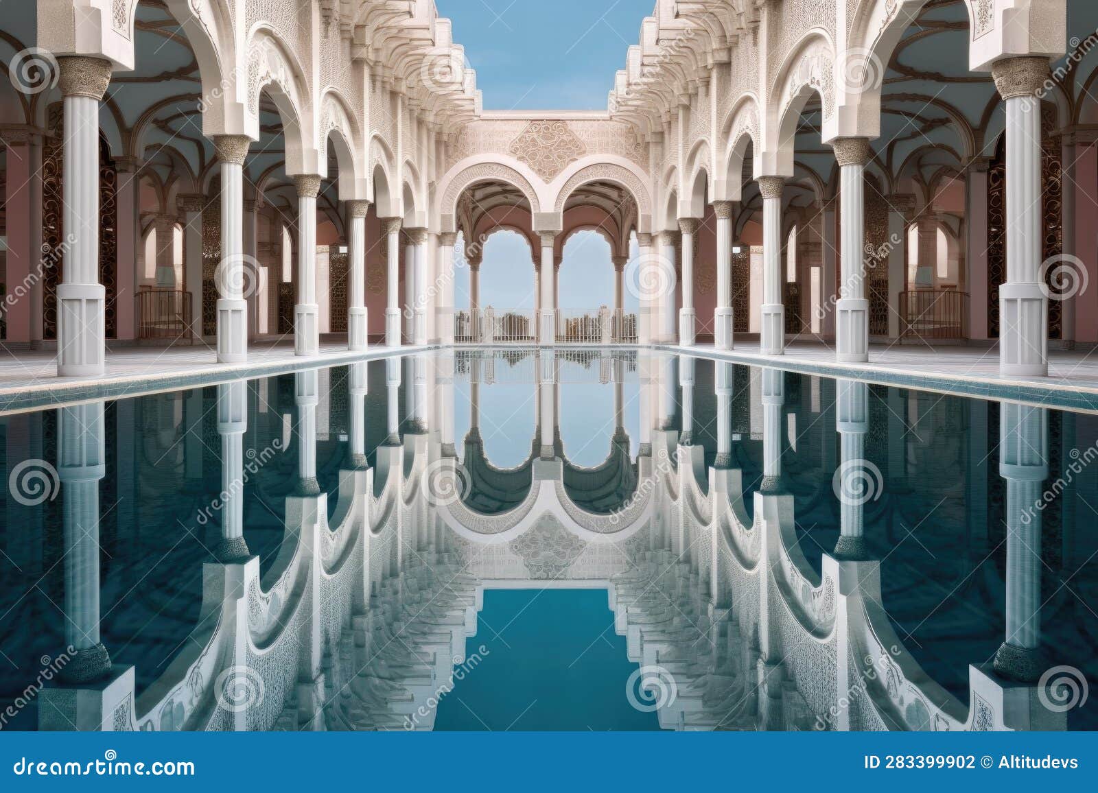 Symmetrical Architecture Mirrored in a Still Pool Stock Illustration ...