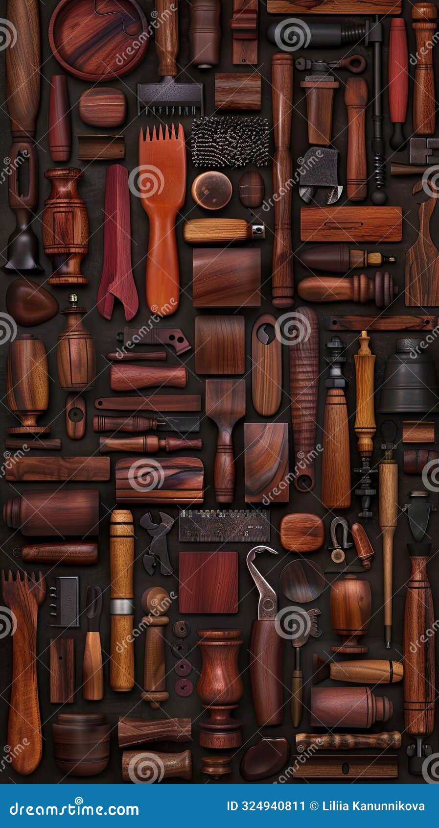 A Symmetrical Arrangement of Various Wooden Tools and Objects ...