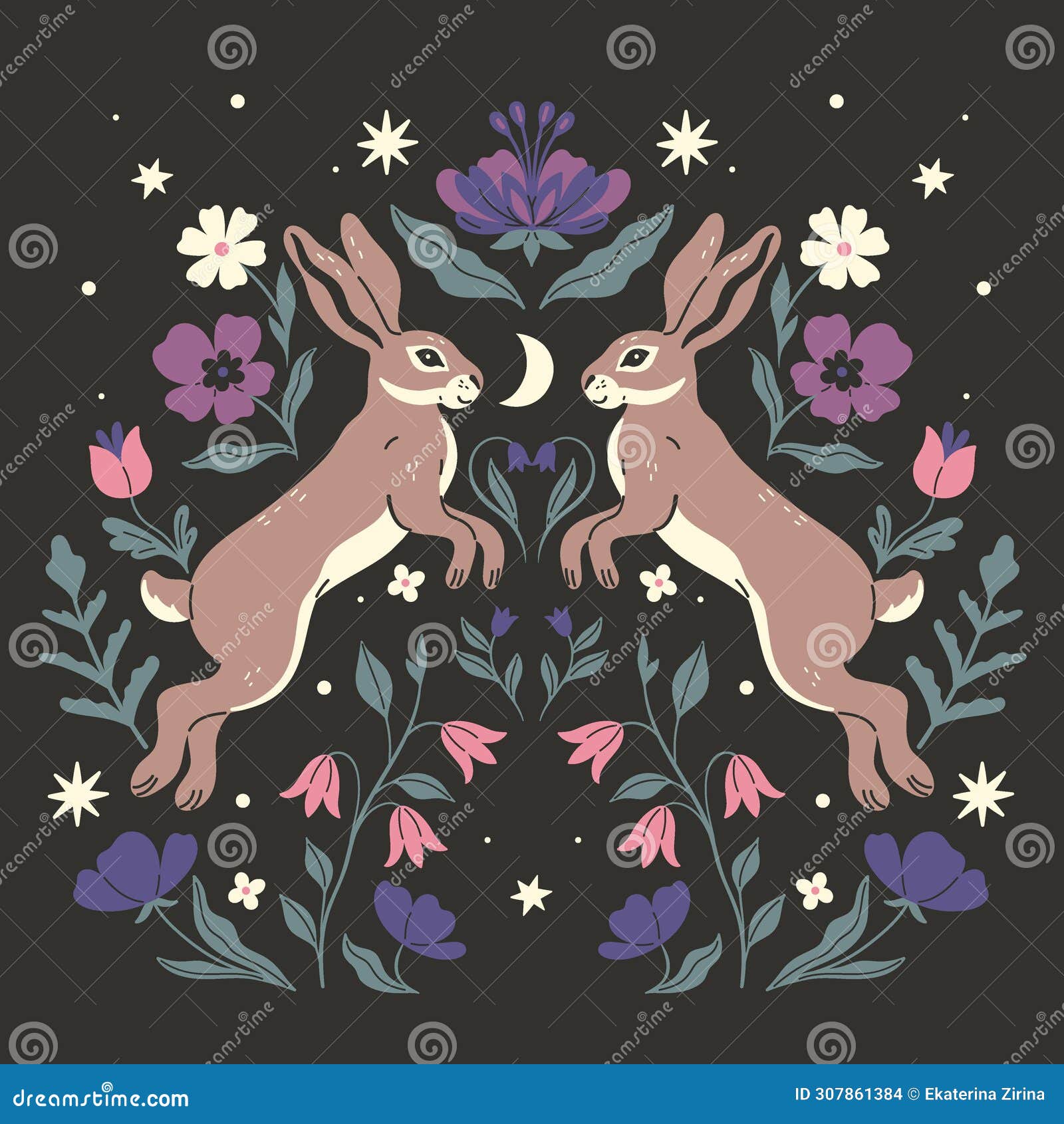 Symmetrical Composition of Two Hares and Flowers on a Dark Background ...