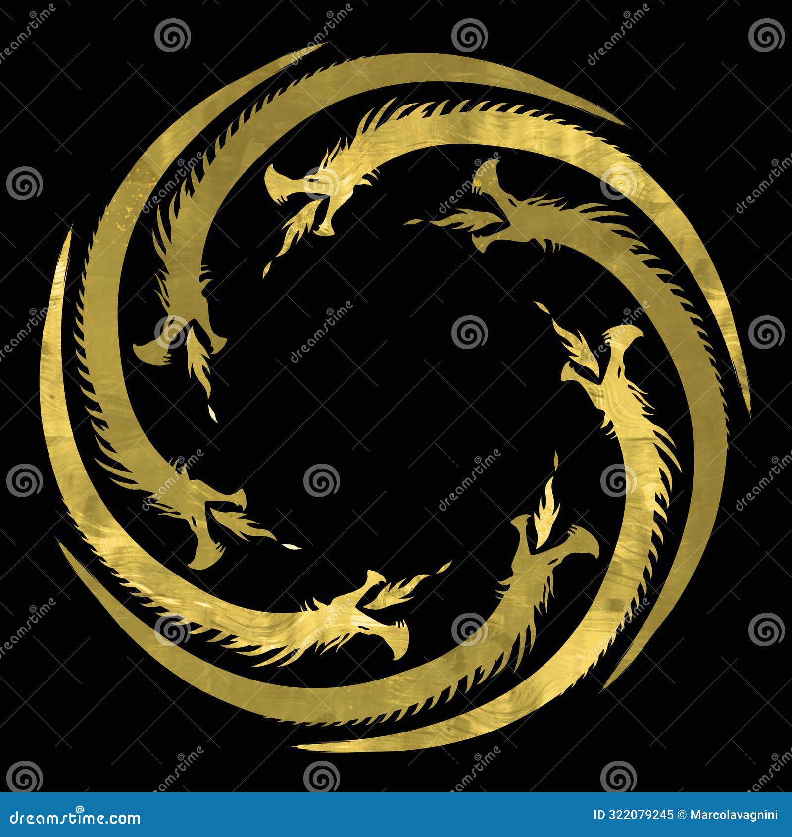 Symmetrical Design of Golden Dragons Forming a Circle, Representing ...
