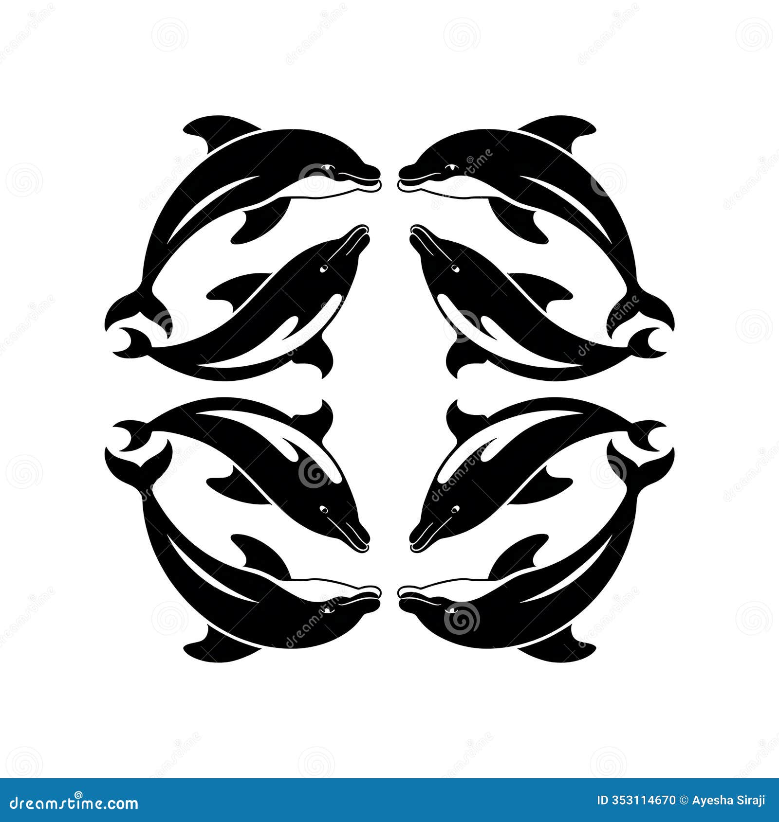 Symmetrical Dolphin Silhouette Pattern in Black and White . Stock ...