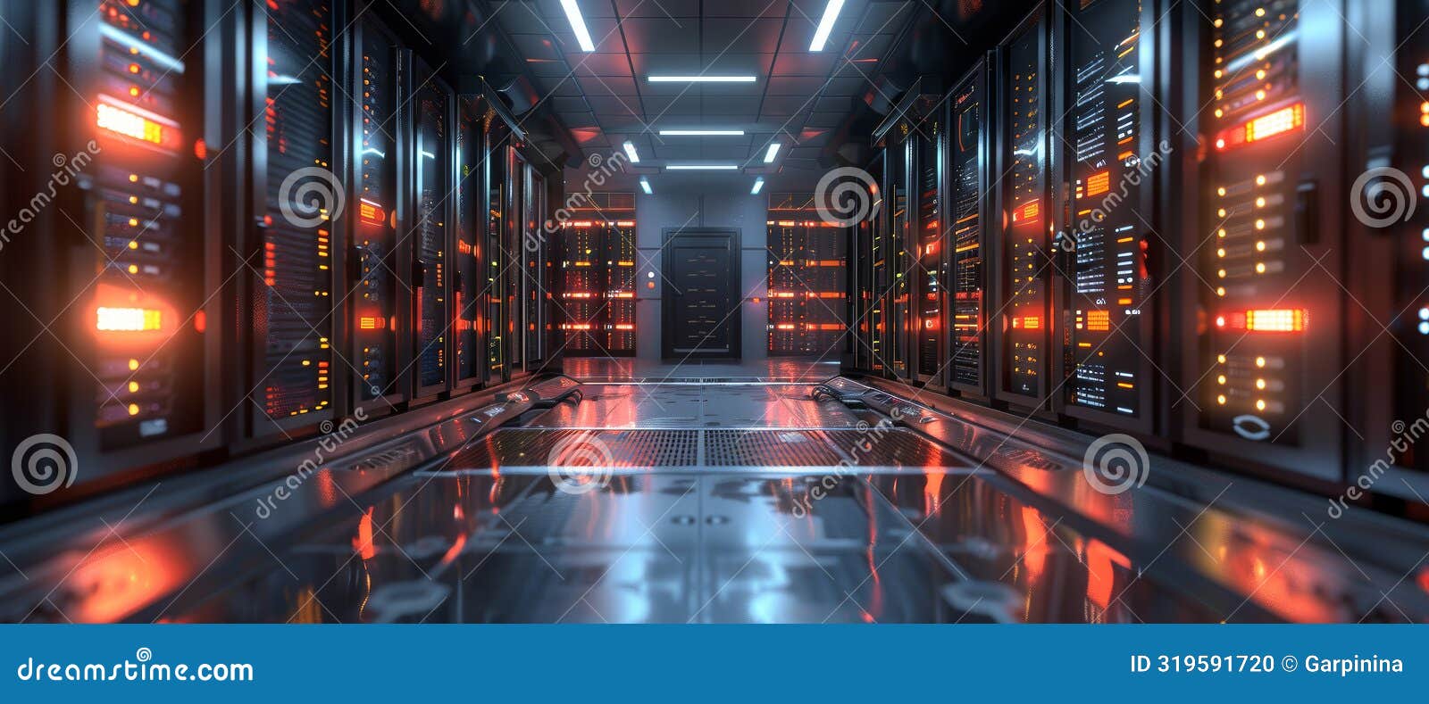 Symmetrical Futuristic Corridor in Hightech Data Center with Server ...