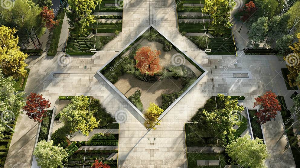 A Symmetrical Garden Design Featuring a Central Square and Four ...