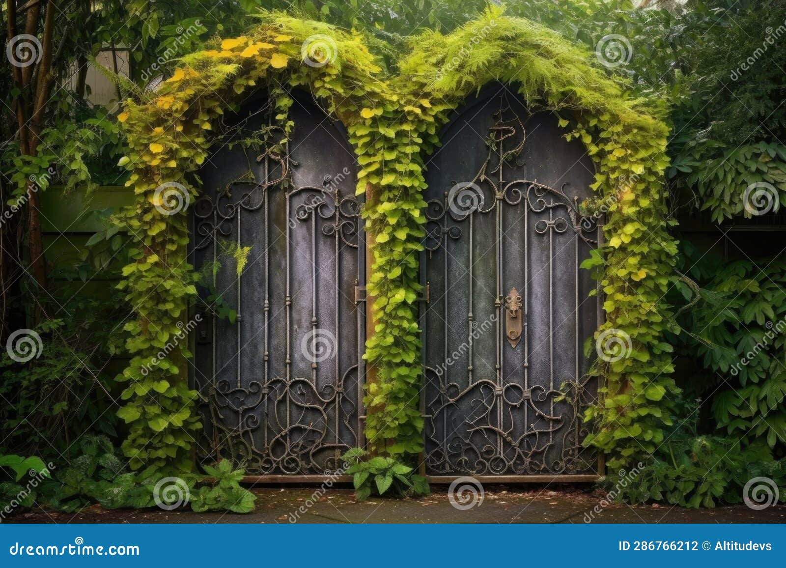 Symmetrical Iron Gate in Front of Ivy-covered Fence Stock Illustration ...