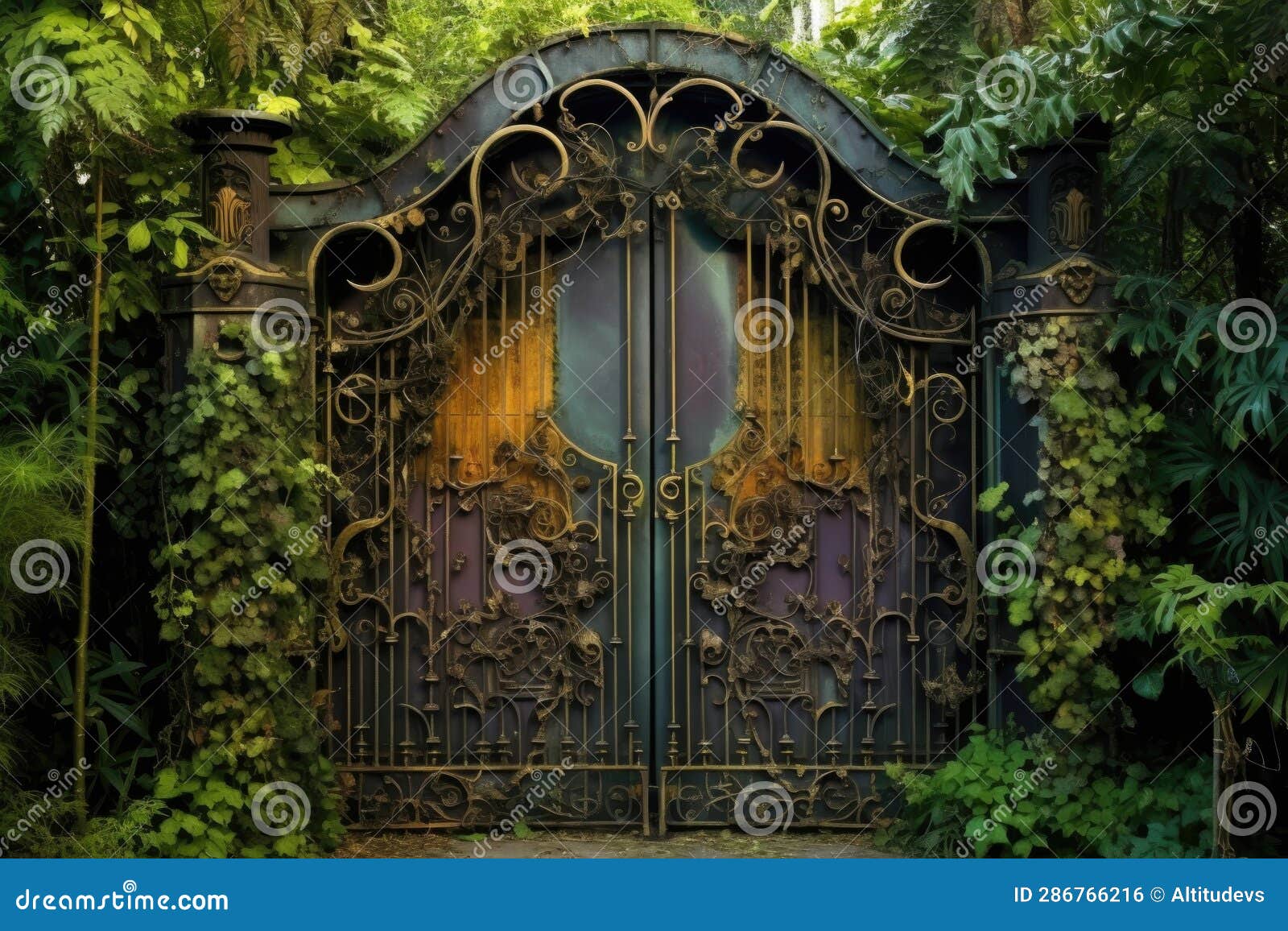 Symmetrical Iron Gate in Front of Ivy-covered Fence Stock Illustration ...
