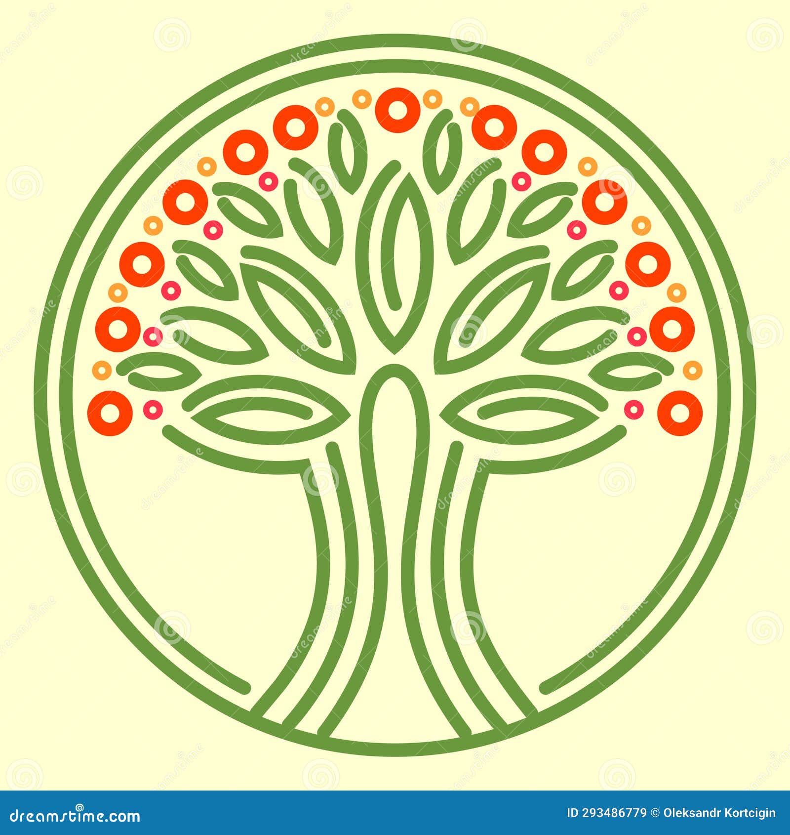 Symmetrical Pattern with Green Tree and Fruits Inside Green Circle ...
