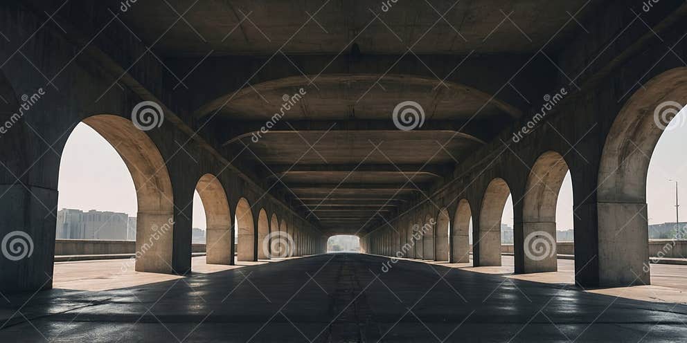 Symmetrical Perspective Under Concrete Bridge Arches. Stock ...