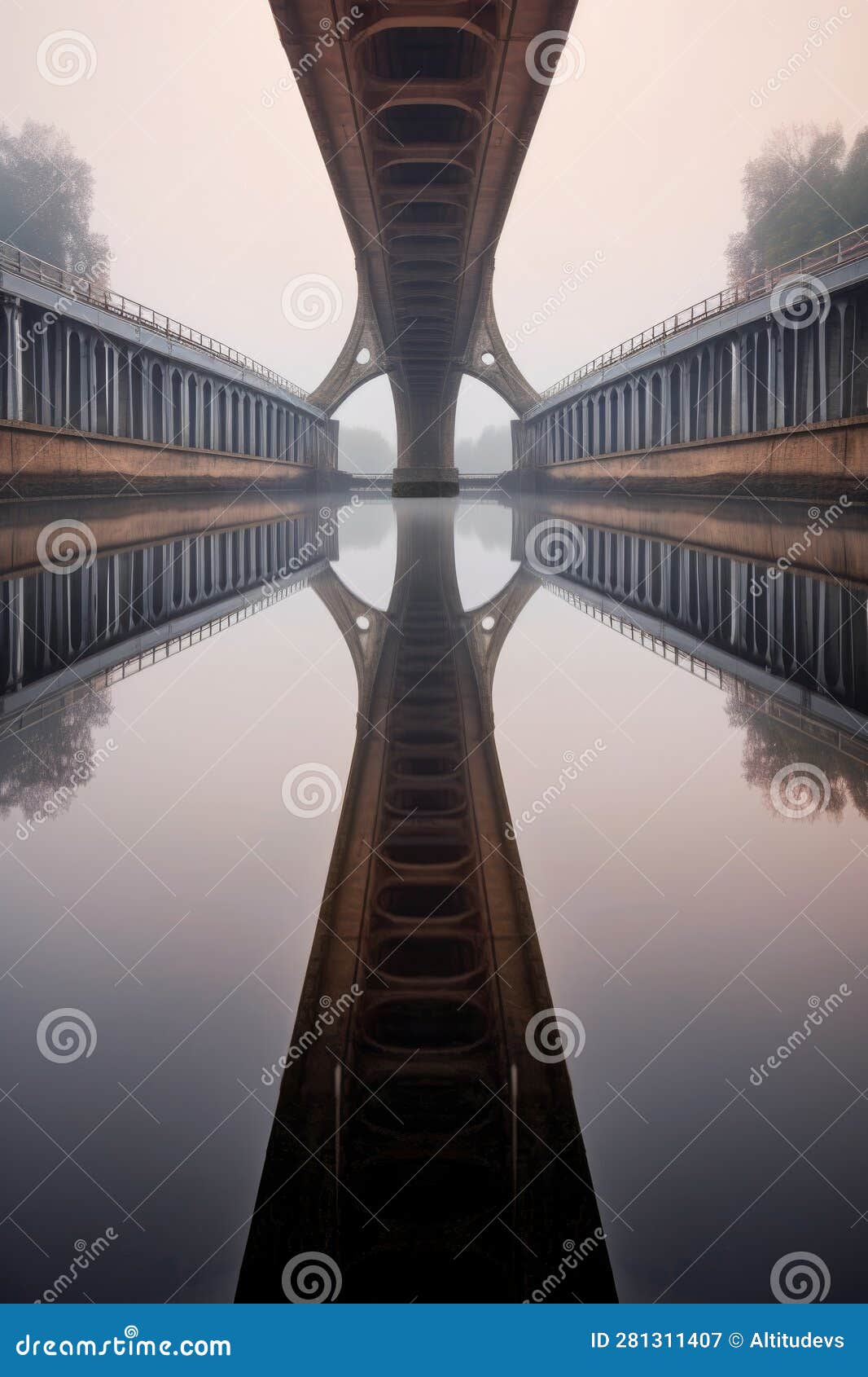 Symmetrical Reflection of a Bridge in Calm Water Stock Illustration ...