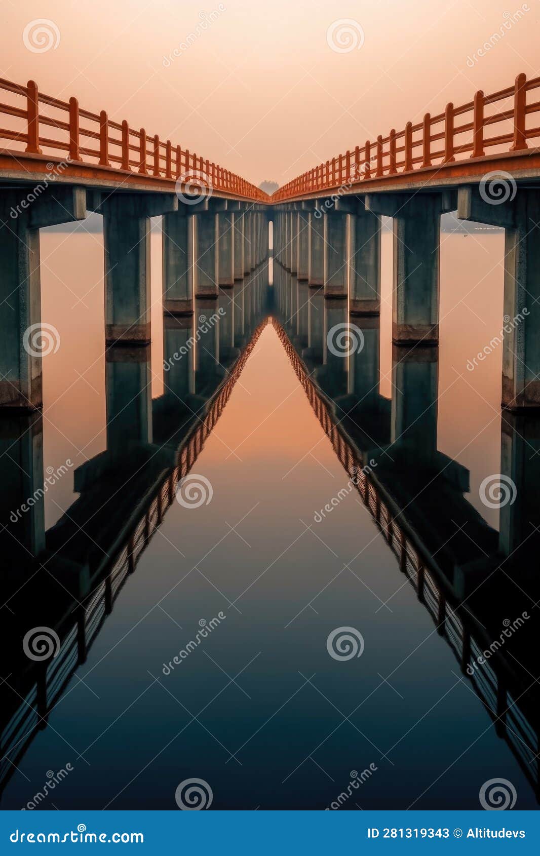 Symmetrical Reflection of a Bridge in Calm Water Stock Illustration ...