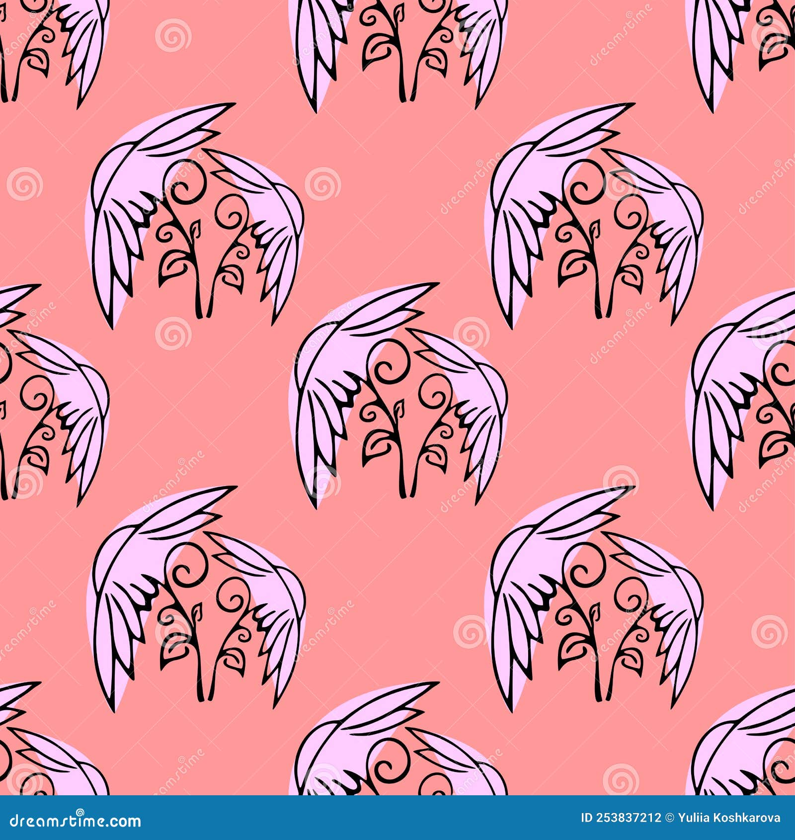 Symmetrical Seamless Floral Pattern, Black Graphic Pattern on a Coral ...