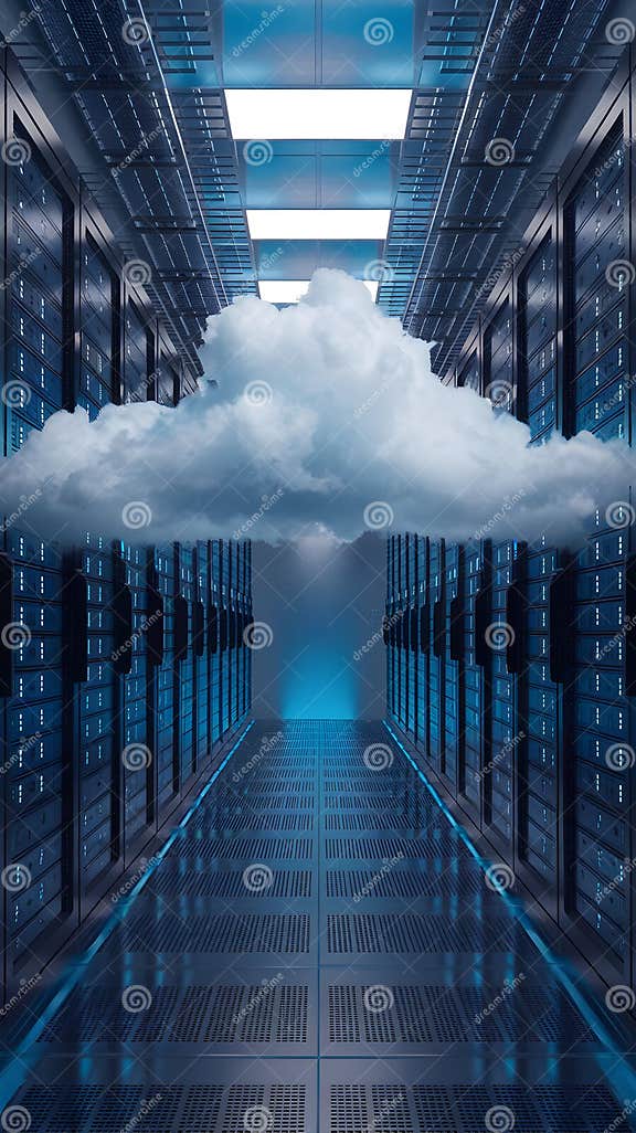 Symmetrical Server Racks with a Cloud Symbolize Modern Cloud Computing Infrastructure Stock ...