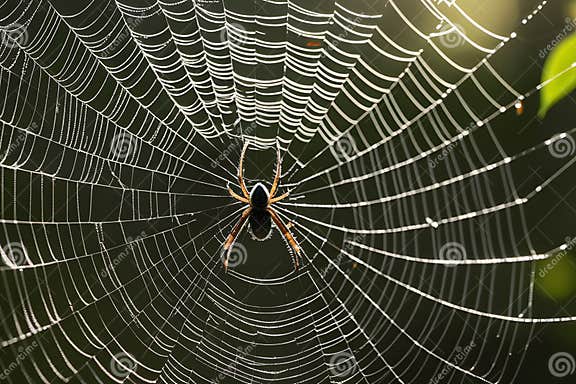 A Symmetrical Spider Web with a Large Black Spider in the Center Stock ...