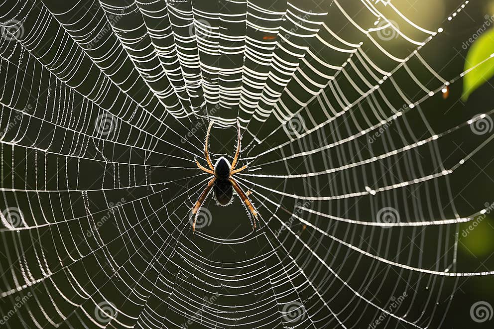 A Symmetrical Spider Web with a Large Black Spider in the Center Stock ...
