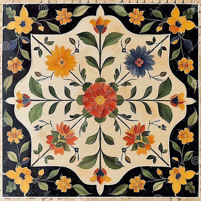Symmetrical Tile Design with Floral Patterns on Cream and Black ...
