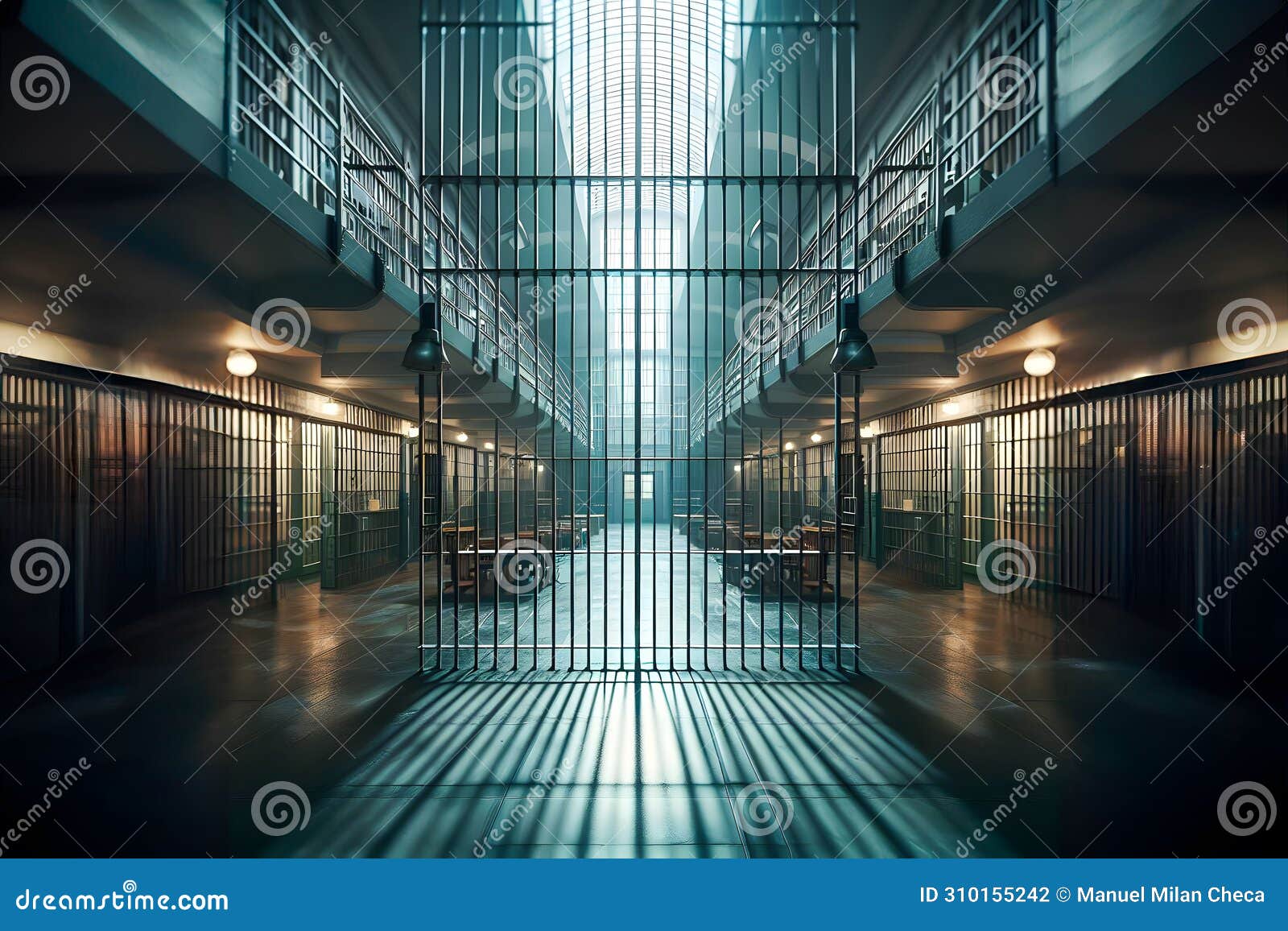 Symmetrical View of a Prison Hallway with Cell Doors Under Artificial ...