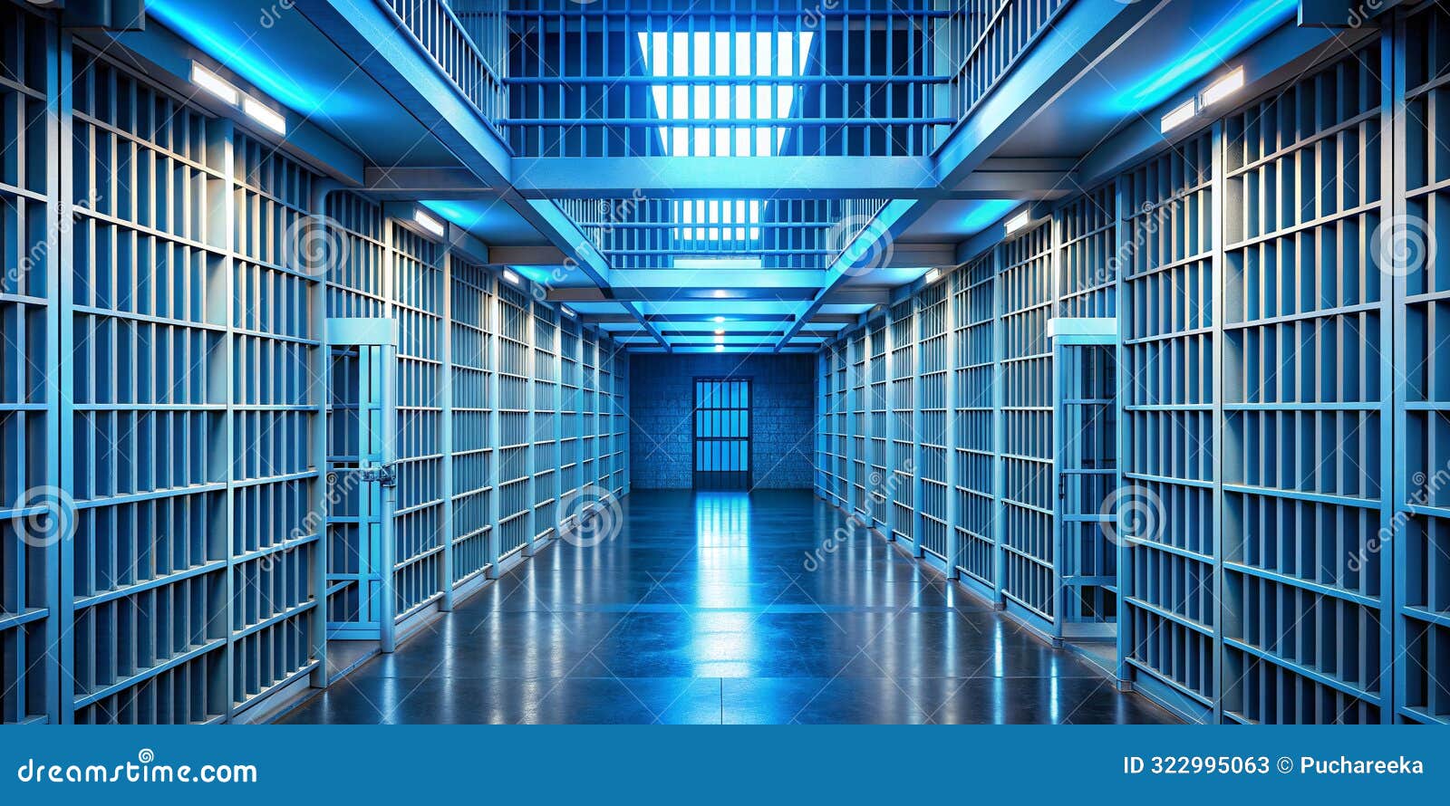 Symmetrical View of Prison Jail Cells with Iron Bars and Blue Lighting ...
