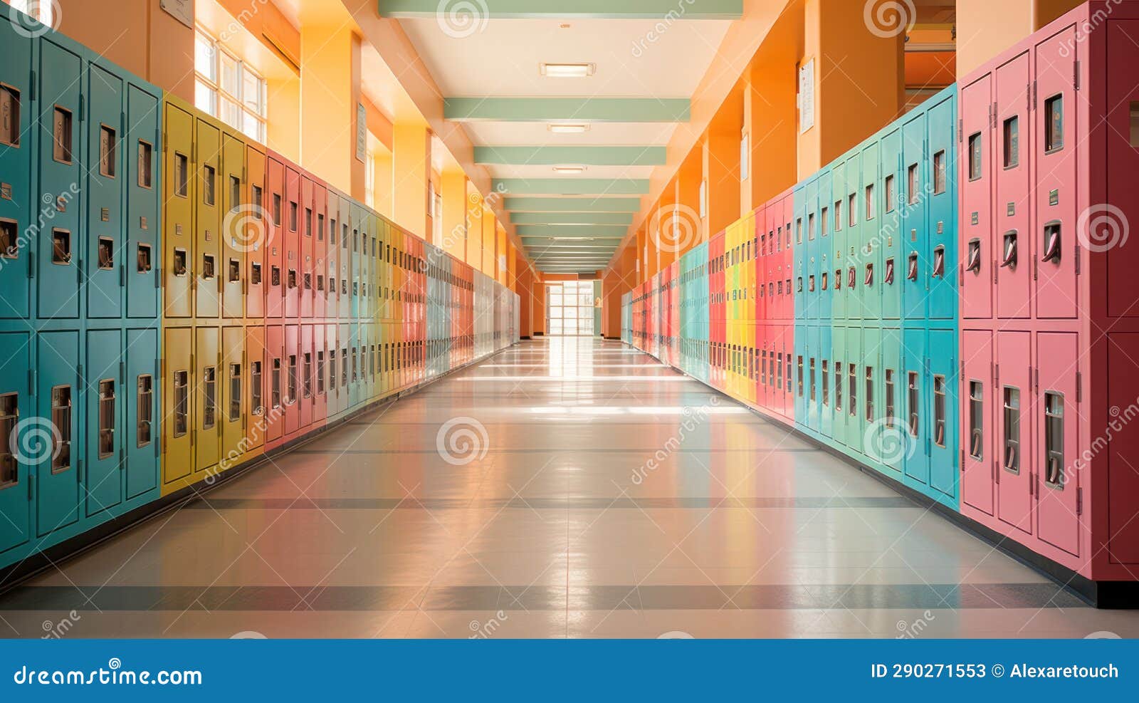 Symmetrical View of a School Hallway with Brightly Colored Lockers on ...