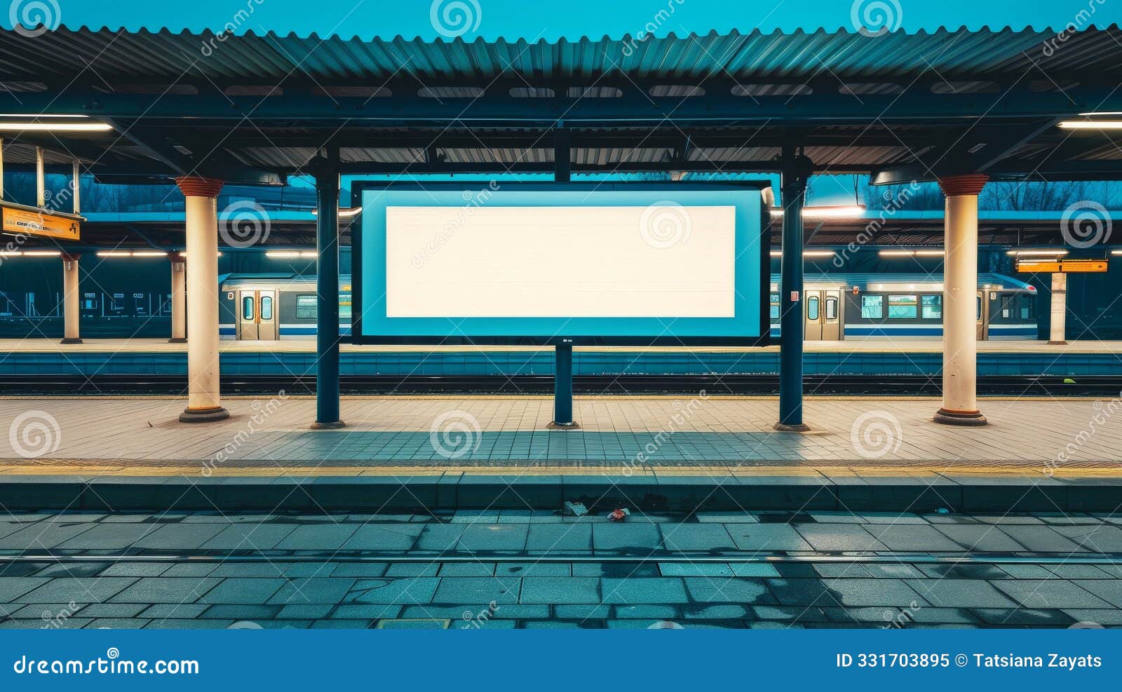 Symmetrical View of a Train Station with a Empty Billboard Mockup ...